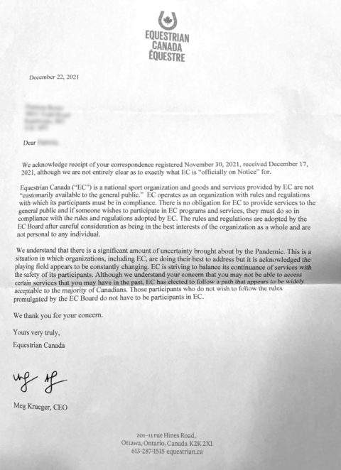 NOL Response Template: Equine Canada | Action4Canada